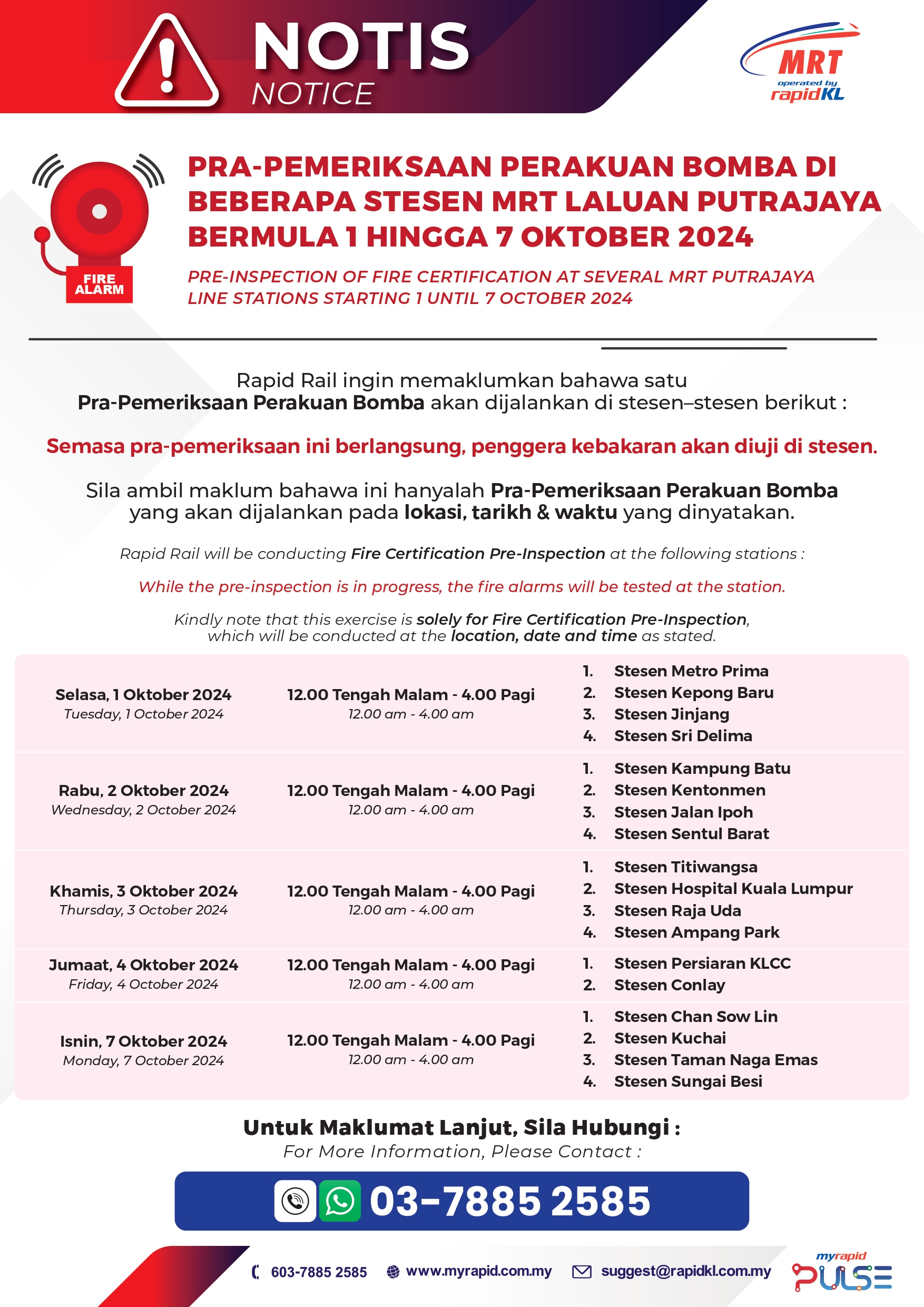 Pra-pemeriksaan Bomba di Stesen MRT Laluan Putrajaya dari 1-7 Oktober ...